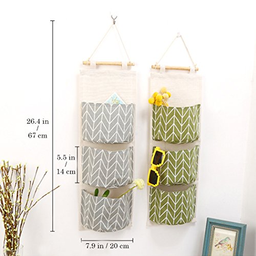 3Pcs Wall Hanging Storage Bag, Creatiee Waterproof Over The Door Closet Organizer Linen Farbric Hanging Pocket Organizer with 3 Remote-Sized Width Pockets for Bedroom