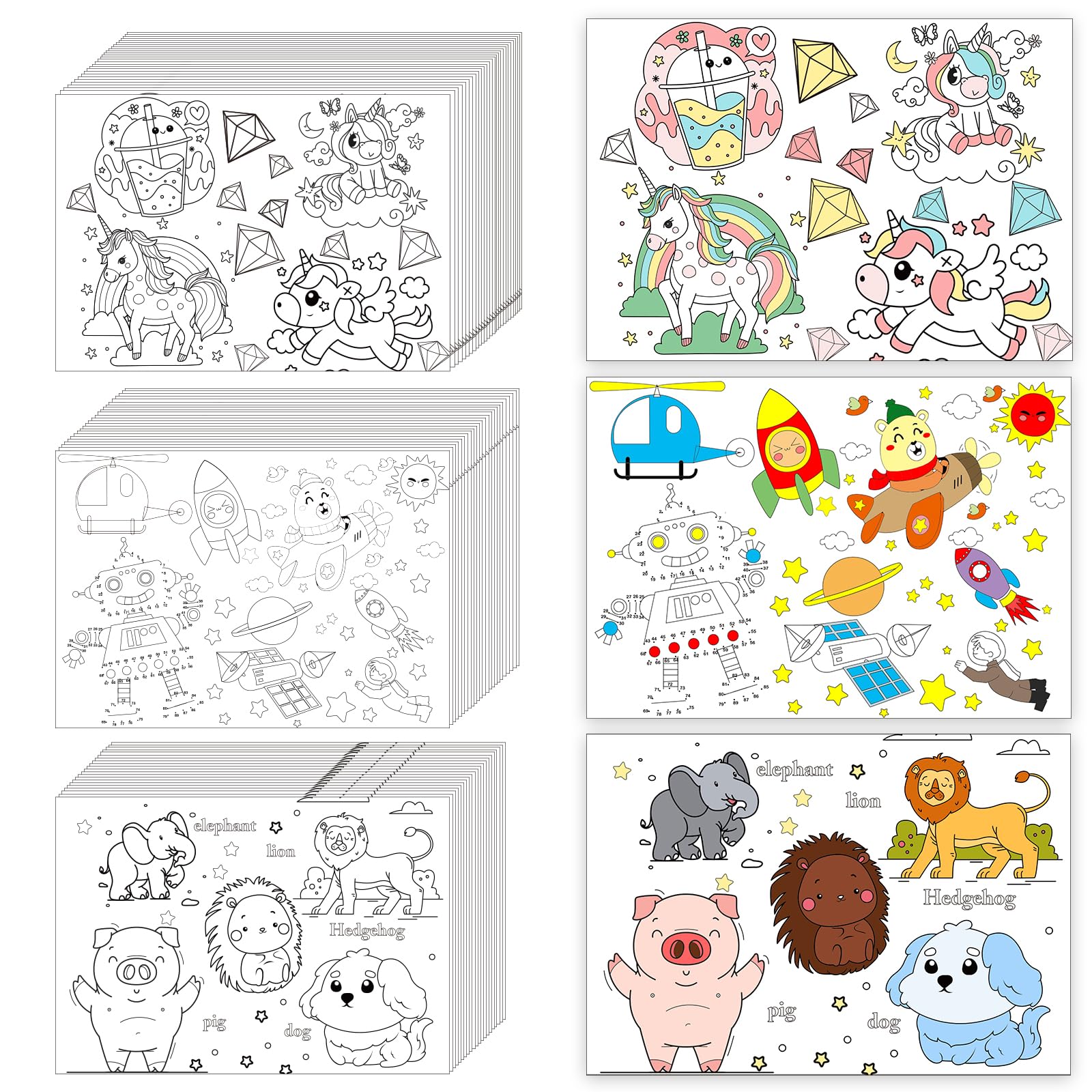 150 Pieces Disposable Paper Placemats Coloring Activity Sheets Paper Place Mats Bulk Dining Table Placemats Set 14.5*10 Sublimation Placemats for Restaurant Christmas Party(Space Aminal Unicorn Theme）