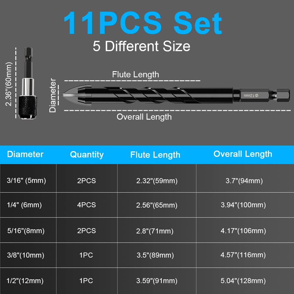 11PCS Masonry Drill Bit for Pots Bottles Ceramic Tile Glass Brick 3/16 to 1/2 inch Ceramic 1/4" Hex Shank Carbide Tips Concrete Drill Bit Set