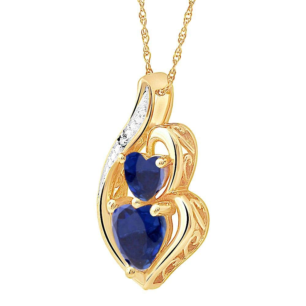 10kt Yellow Gold Lab Created Blue Sapphire Heart Necklace Diamond Accent - 18 Inch Chain