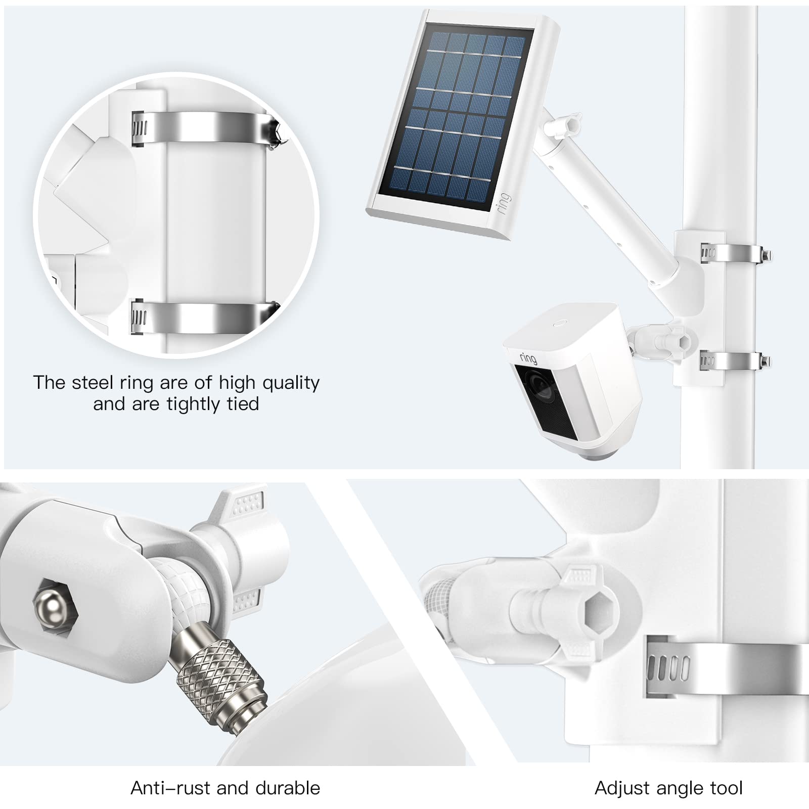 2-in-1 Pole Mounting Bracket for Stick Up Cam ProSolar Panel, Spotlight Cam Battery and Stick Up Cam Battery Outdoor Mount Accessories for Ring Solar Panel (White, not Apply to Spotlight Cam Pro/Plus)