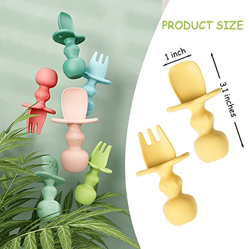 4 Pack Baby Utensils Self Feeding 6+ Months, Silicone Baby Spoons and Forks, Toddler Utensils for Baby Led Weaning, Chewable Utensils First Stage, Pink, Yellow