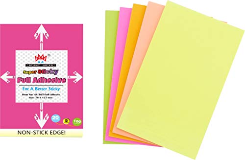 4A Sticky Full Adhesive Notes,5 1/3 x 3 Inches,20 Sheets/Color,5 Colors/Pack,Self-Stick Notes,100 Sheets Total,4A 305 Full Glue