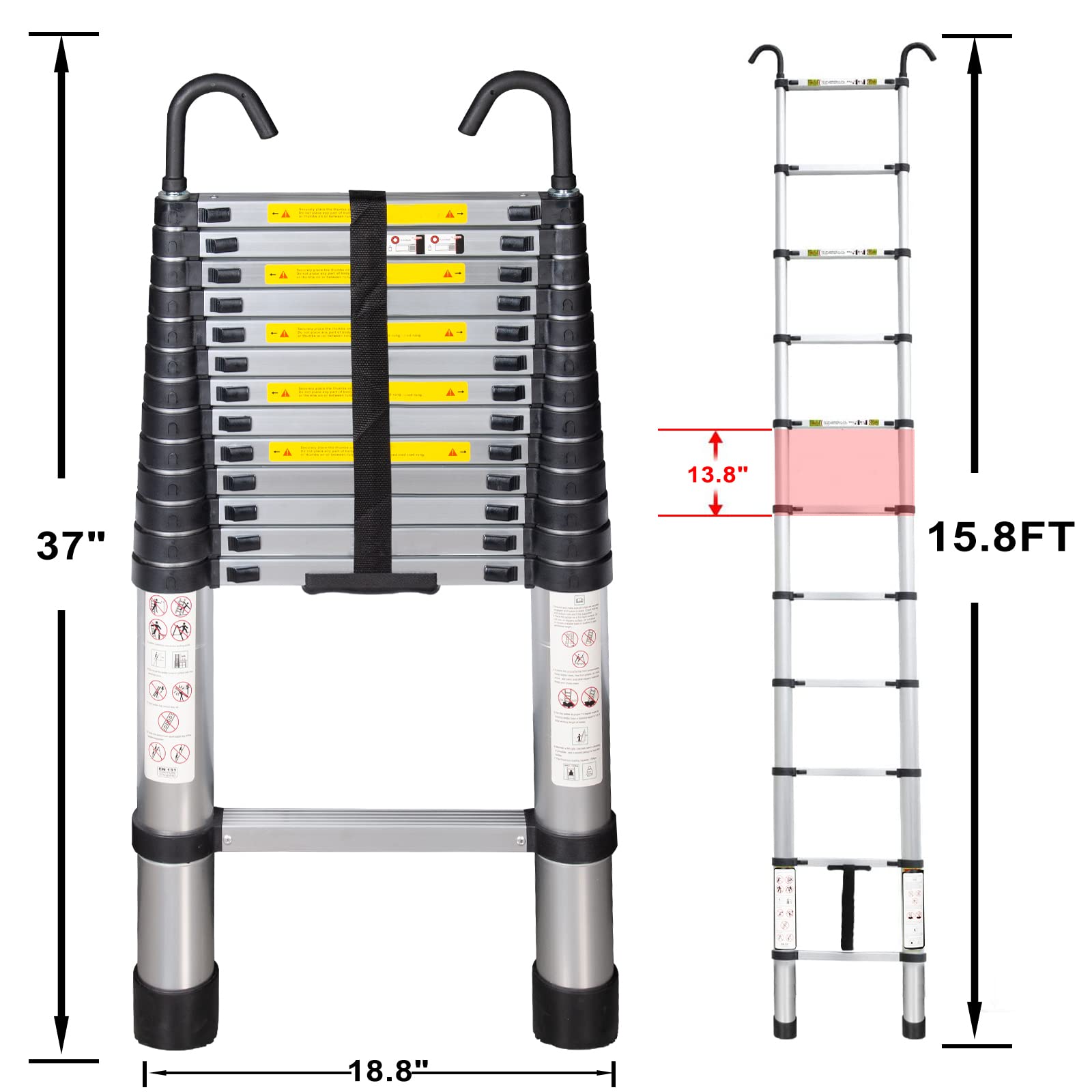 10.5FT Telescopic Ladder w/Non-Slip Feet Detachable Hooks,Aluminum Collapsible Portable Telescoping Ladder for Loft Roof Attic Ceiling,330 Lb Capacity Silver