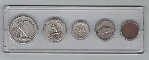 1947 Birth Year Coin Set- (5) Coins - Silver Half Dollar, Silver Quarter, Silver Dime, Nickel, and Lincoln Cent - All dated 1947 in a Plastic Display Holder Fine