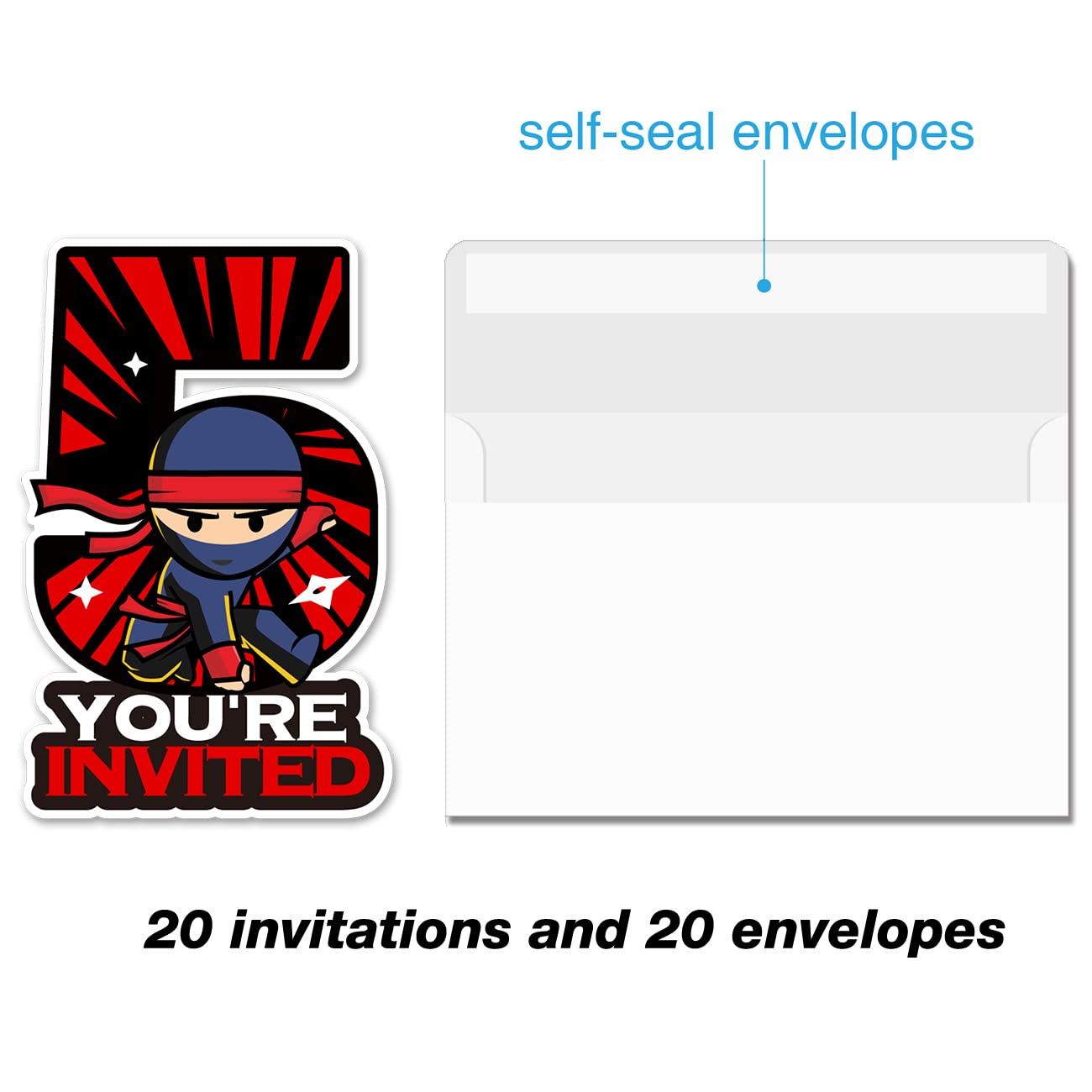 20 Ninja 5th Birthday Party Invitations with Envelopes Double Sided Ninja Shaped Fill-in Invitations Invites for 5 Year Old