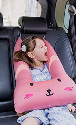 Kangaruru All in One Seatbelt Adjuster and Pillow with Neck and Headrest Cushion for Kids (Rabbit_Pink)