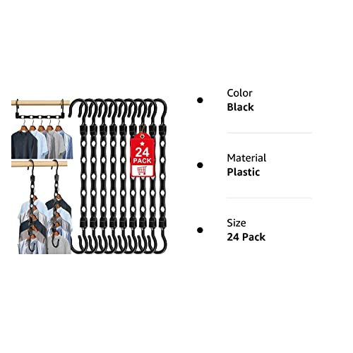 24 Pack Hangers Space Saving Magic Sturdy Space Saver Storage Smart Plastic Clothes Hanger Organizer for Closet Wardrobe Apartment College Dorm Room Essentials, Black