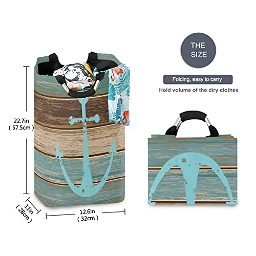 Nautical Anchor Large Laundry Hamper, Wooden Texture Laundry Baskets with Handle, Oxford Storage Basket, Portable Folding Clothes Hamper for Nursery, College Dorm, Bedroon, Bathroom