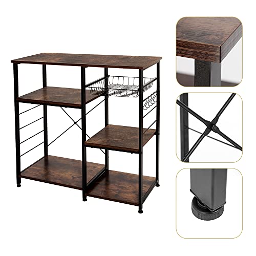 AZL1 Life Concept Industrial Kitchen Rack, Coffee Bar, Microwave Stand Metal Frame, Wire Basket 5 Hooks Mini Oven, Spices Utensils, Simple Assembly, 35.4inch, Rustic Brown