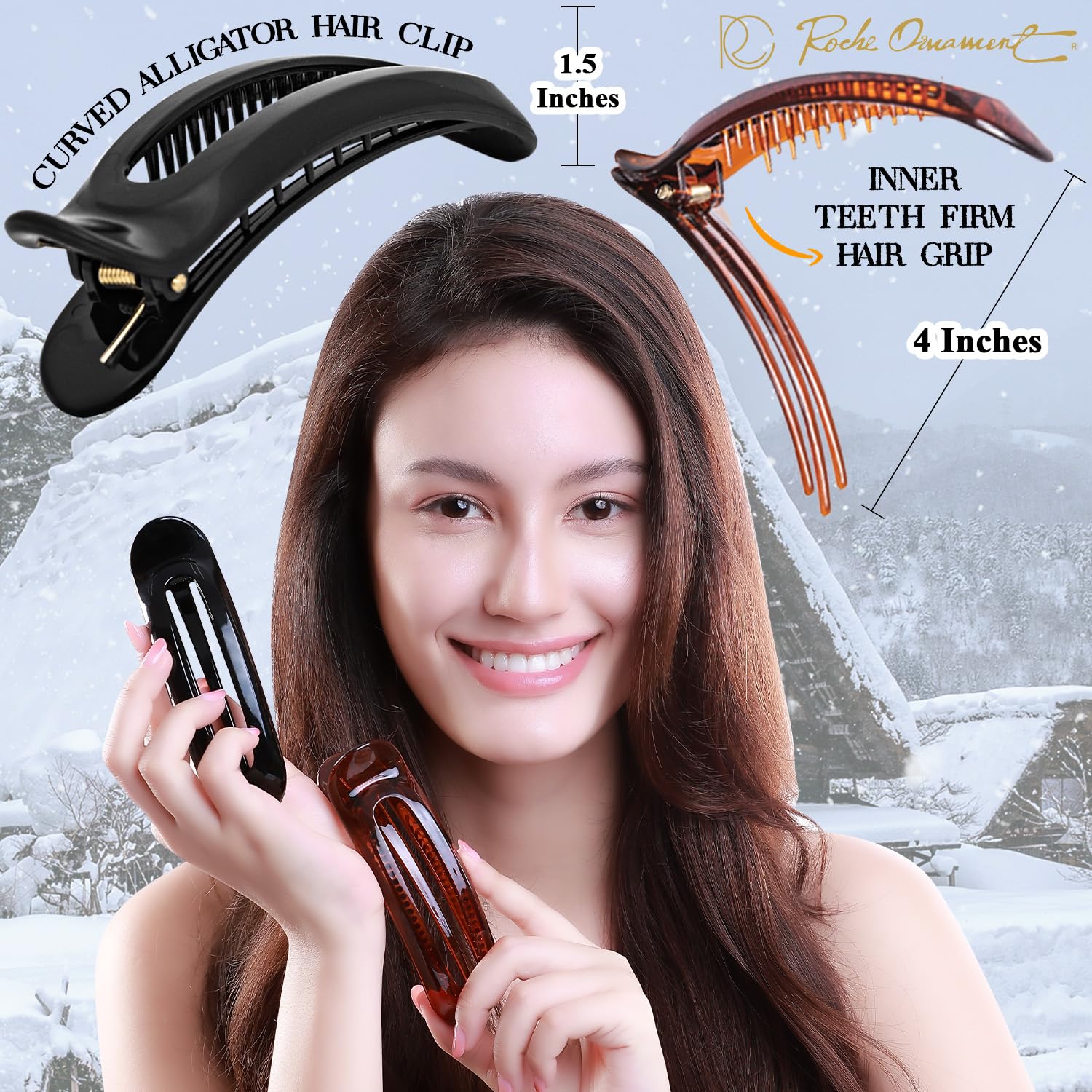 RC ROCHE ORNAMENT 6 Pcs Womens French Barrette Classic Duckbill Alligator Eyelet Oval Hair Decor Clips Side Slide Firm Grip Beauty Accessory Plastic Styling Pin Clamps, Medium Clear Brown and Black