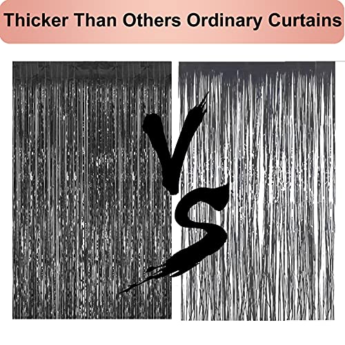 4 Packs 2 Black and 2 Rose Gold Foil Fringe Curtains, 3.2 ft x 8.2 ft Tinsel Curtains with Adhesive, Photo Booth Backdrop for Birthday, Graduation Party Decorations (Black and Rose Gold, 4pcs)