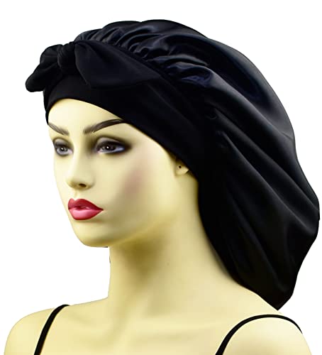 Extra Large Sleep Cap Satin Bonnet for Sleeping Long Hair Bonnet for Women Large Night Cap for Curly Hair XL Silk Bonnets (Black + Rose)