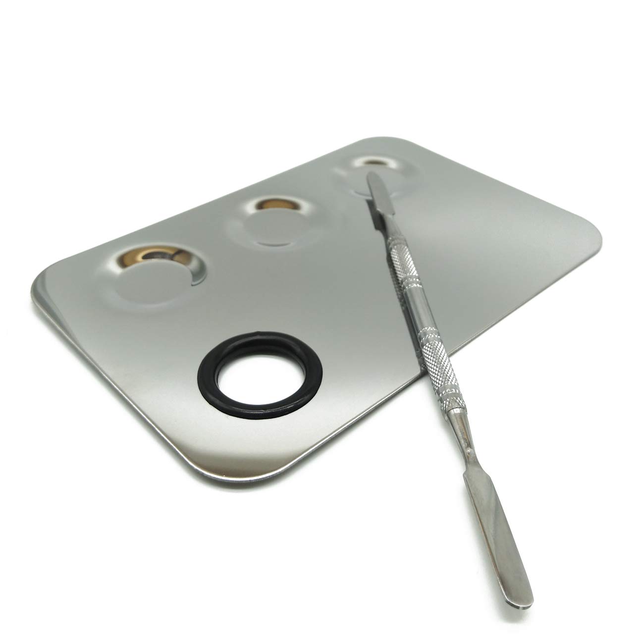 TIHOOD 2PCS 5-well / 3-well Makeup Palette with Spatula, Stainless Steel Nail-art Cosmetic Artist Mixing Palette for Mixing Foundation 6''x4'' Silver