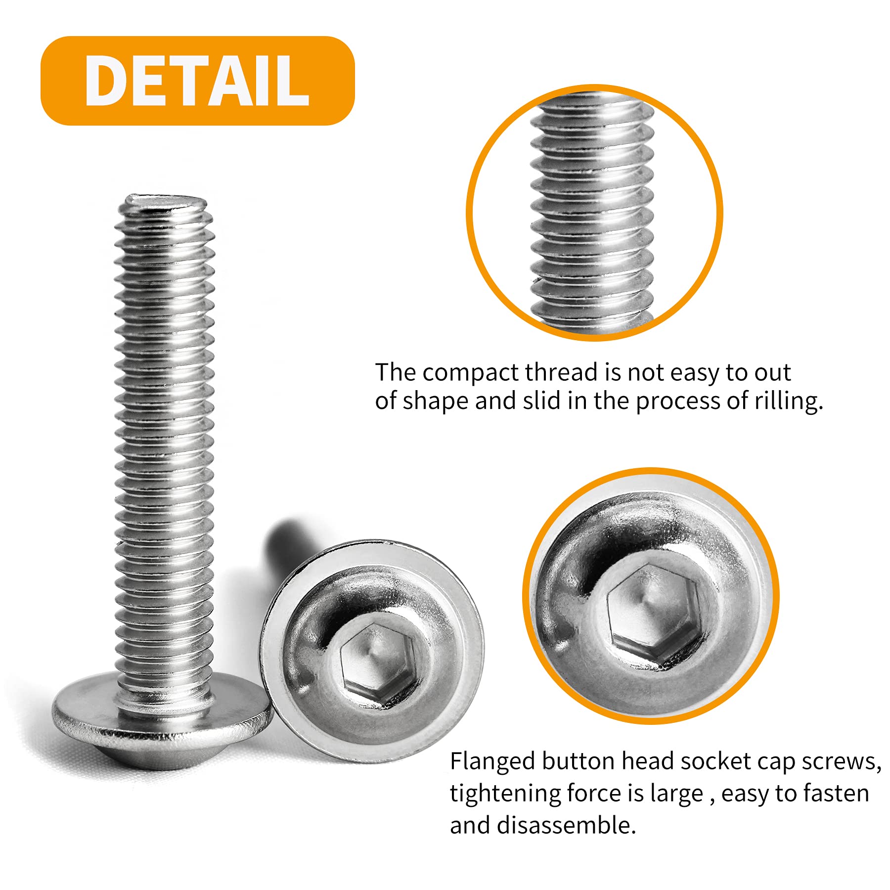 Cicidorai M5-0.8 x 12mm Flanged Button Head Socket Cap Screws Bolts, 304 Stainless Steel, Allen Socket Drive, Bright Finish, Full Machine Threads, Quantity 25
