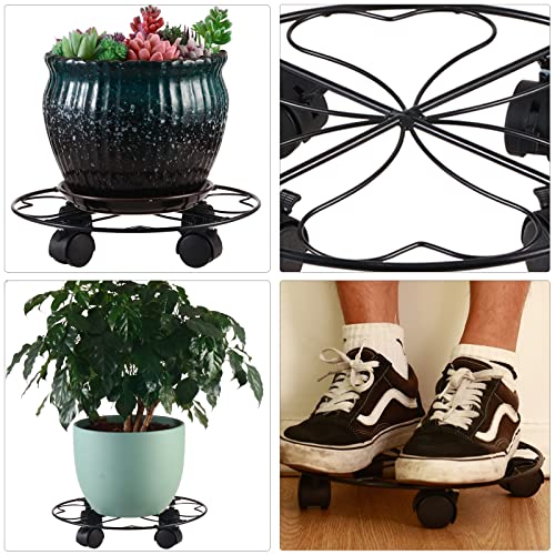 4 Packs Metal Plant Caddy with Wheels 12β Heavy-Duty Wrought Iron Rolling Plant Stands with Casters Indoor and Outdoor Plant Pot Roller Base Plant Movers Saucers with Wheels, Glossy Black