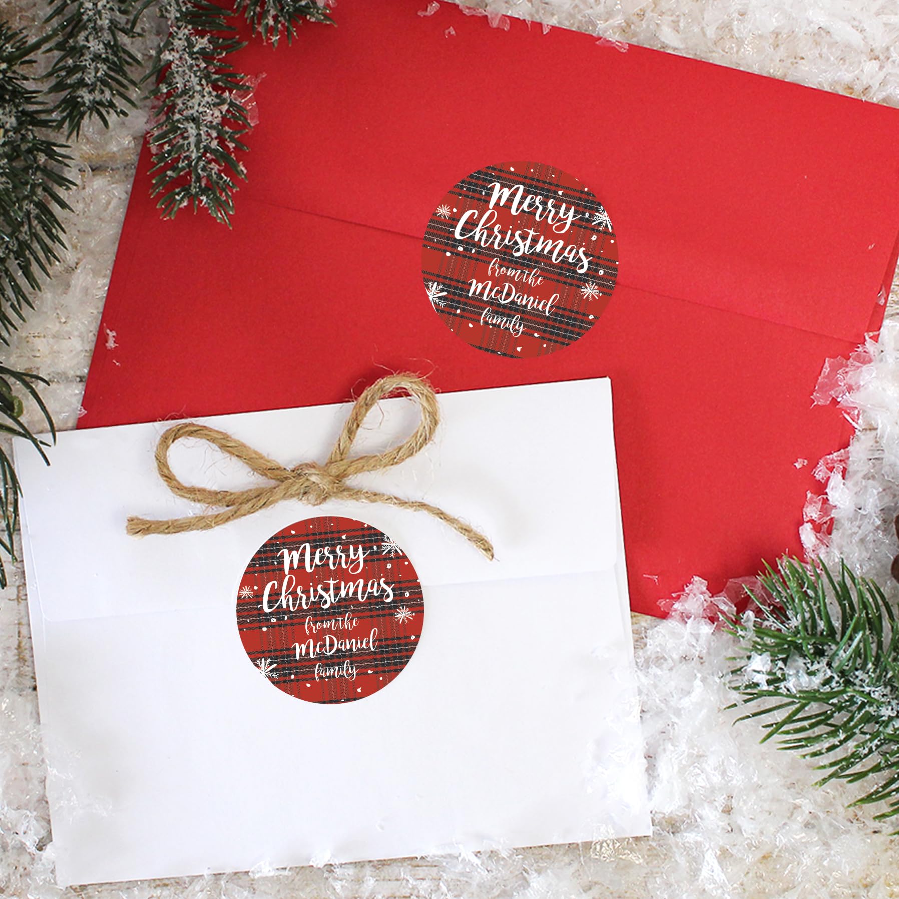 Personalized Plaid Merry Christmas Round Labels - 40 Stickers - Red and Black Peel and Stick Custom Gift Wrap Tags – Sellf Adhesive Christmas Plaid Stickers