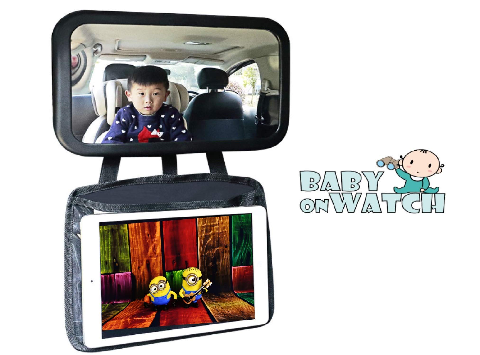 Baby Mirror for Car with Ipad Holder - XL Infant Car Mirror for Baby Rear Facing - 360° Wide Angle, Clear View, Shatterproof & Crash Tested Safety Baby Car Mirror for Back Seat with Car Tablet Holder