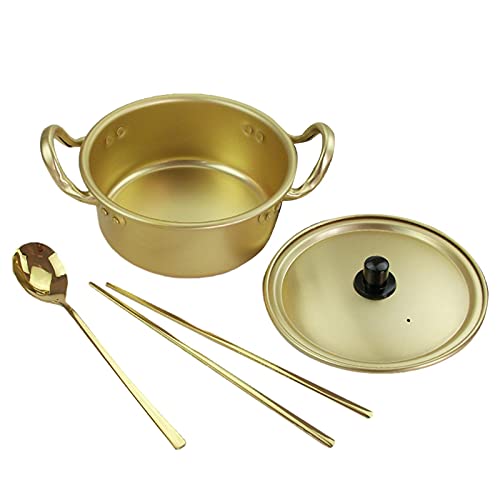 20cm Korean Ramen Cooking Pot with Spoon Chopsticks Lid Ramen Pot Fast Heating Instant Noodle Soup Korean Korean Ramen Noodle Pot Fast Heating For Kitchen Cookware(Gold)