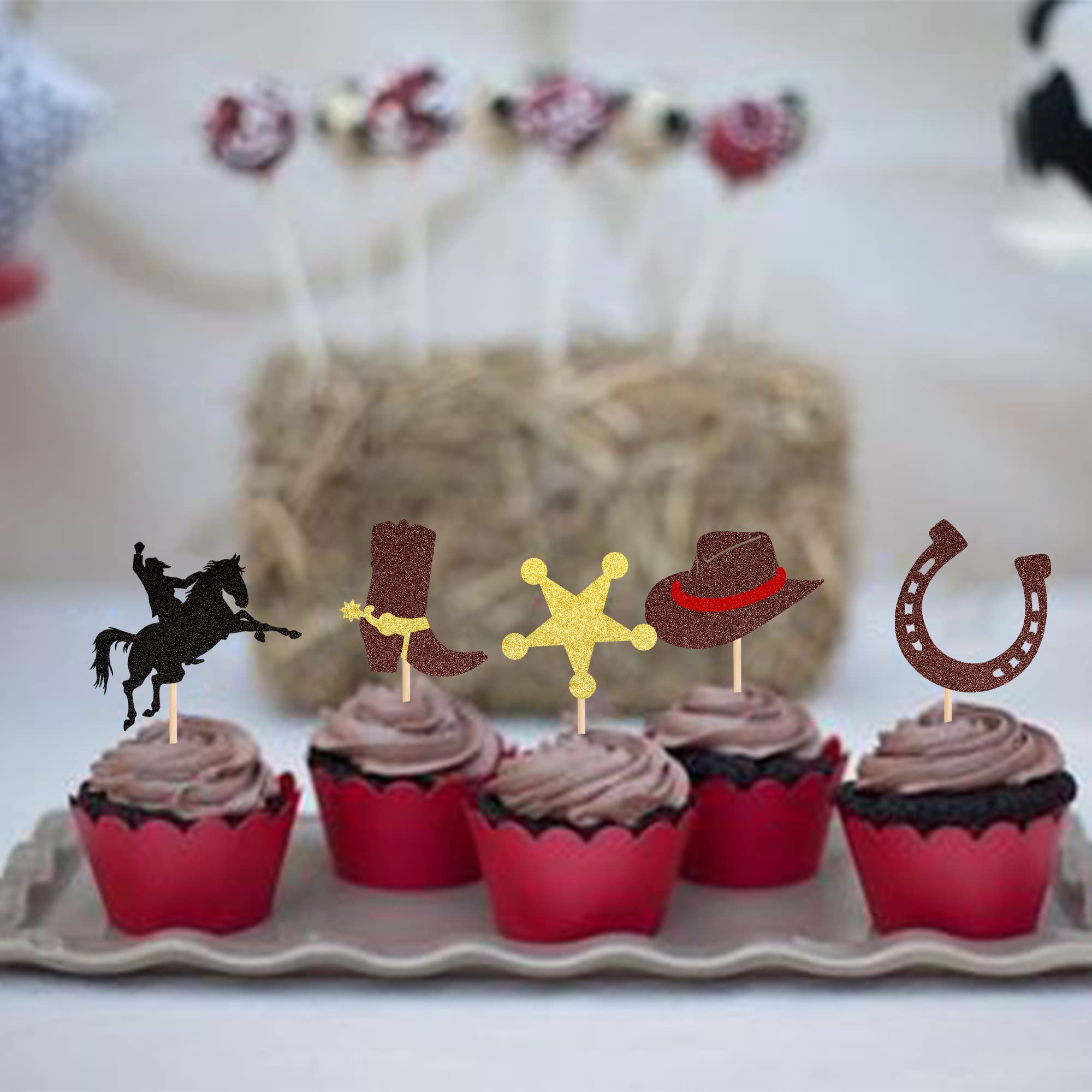 30 PCS Cowboy Cupcake Toppers Glitter HorseShoe Cowboy Hats Boots Cupcake Picks Western Theme Baby Shower Birthday Party Cake Decorations Supplies