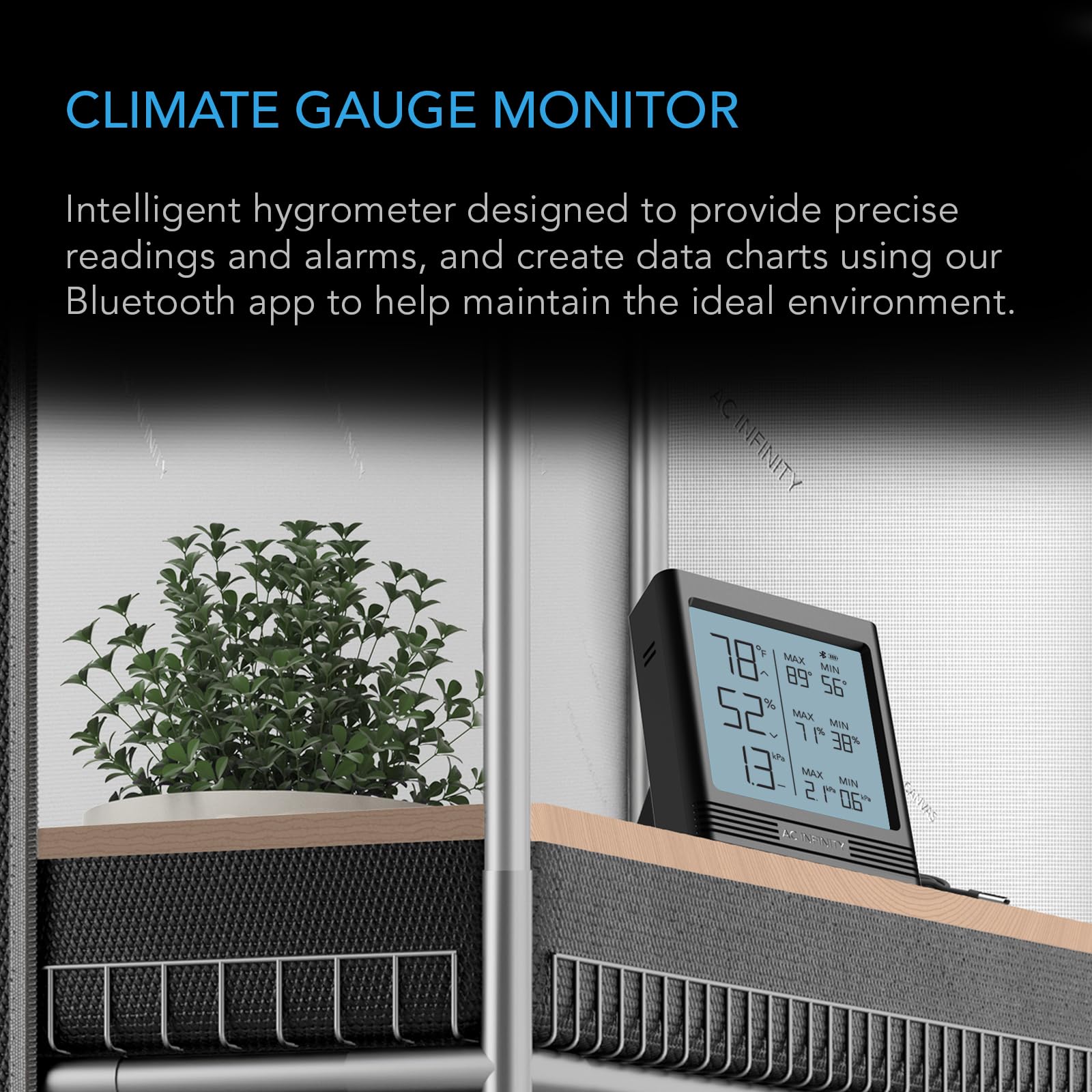 AC Infinity CLOUDCOM B1, Temperature Humidity VPD Smart Hygrometer with LCD Display & Bluetooth App Monitor, Climate Gauge Thermometer Sensor Probe for Basements, Guitar Rooms, Grow Tents, Greenhouses