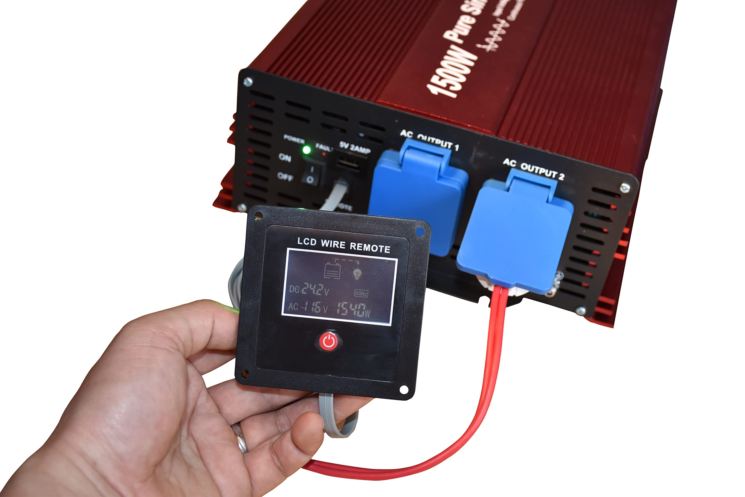 1500W Pure sine Wave Power Inverter, DC 24V Input AC110V 60Hz Output, with Dual sockets and USB DC5V 2000mA,LCD Wire Remote kit, Ideal for 24V Solar System.
