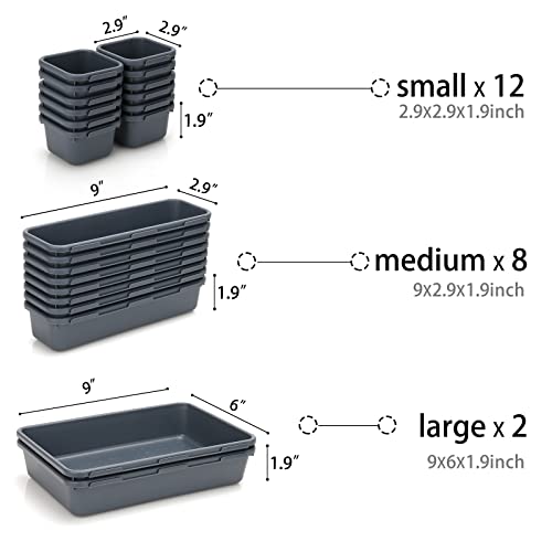 KeFanta 22 Pack Desk Drawer Organizers,Interlocking Junk Drawer Organizers and Storage with 3 Sizes,Desk Drawer Tray Organizer for Office,Bathroom,Kitchen,Makeup(Dark Grey)