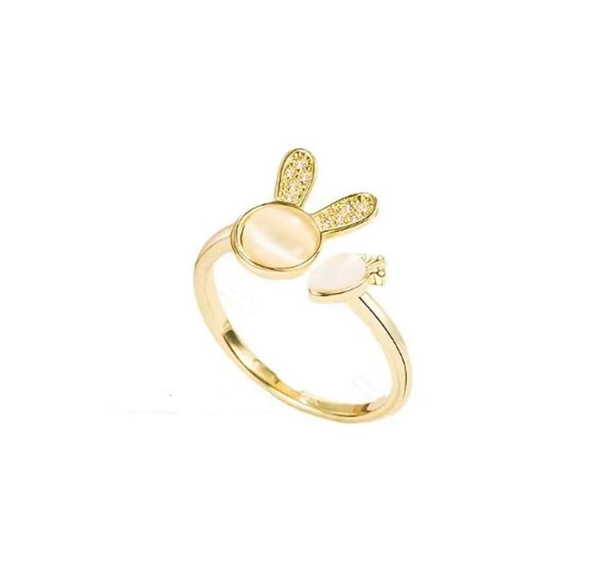 14K Gold Plated Copper Cute Bunny Rabbit Animal and Carrot Adjustable Ring Jewelry for Women