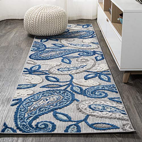 JONATHAN Y AMC102C-28 Julien Paisley High-Low Indoor Outdoor Area-Rug Bohemian Floral Easy-Cleaning High Traffic Bedroom Kitchen Backyard Patio Porch Non Shedding, 2 X 8, Blue/Light Gray