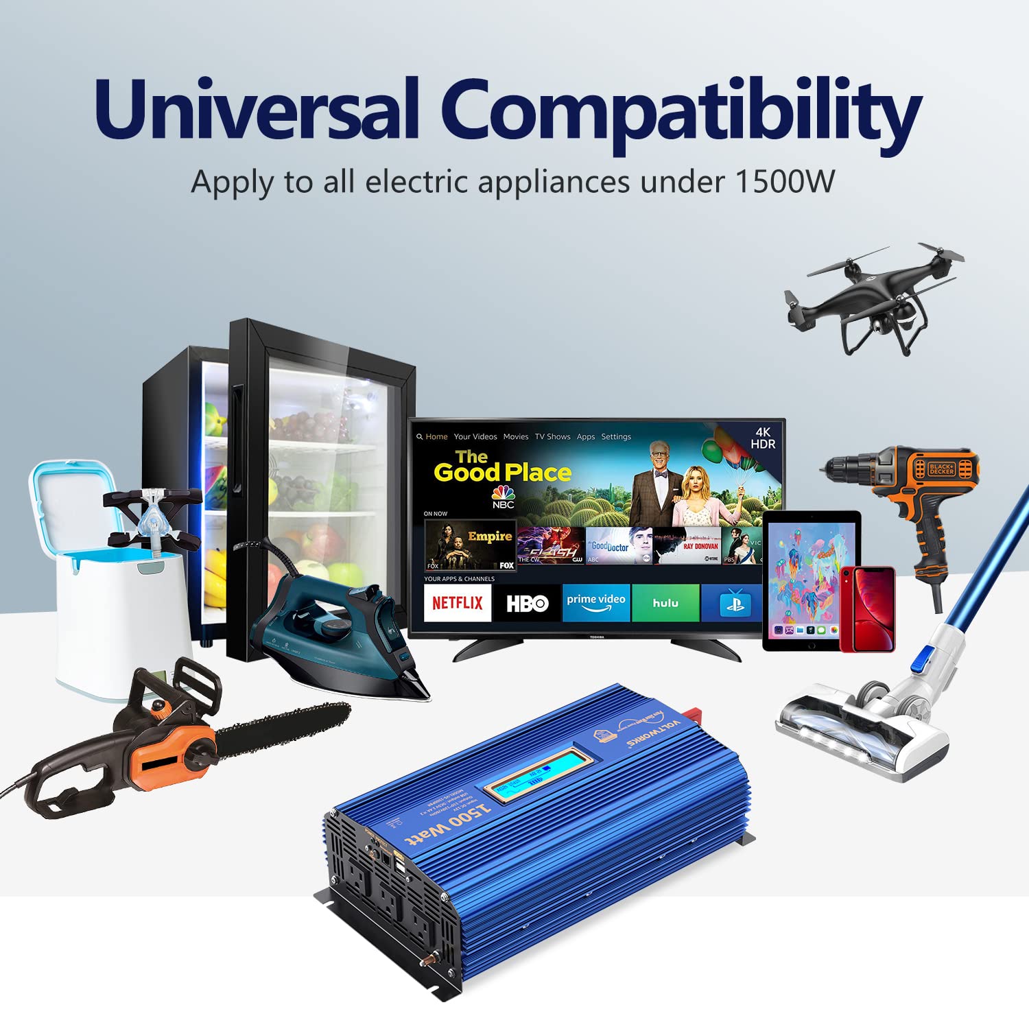 1500W Pure Sine Wave Power Inverter DC 12v to AC 110V-120V with Remote Control LCD Display and 2x2.4A Dual USB Ports 3 AC Outlets for Home RV Truck by VOLTWORKS
