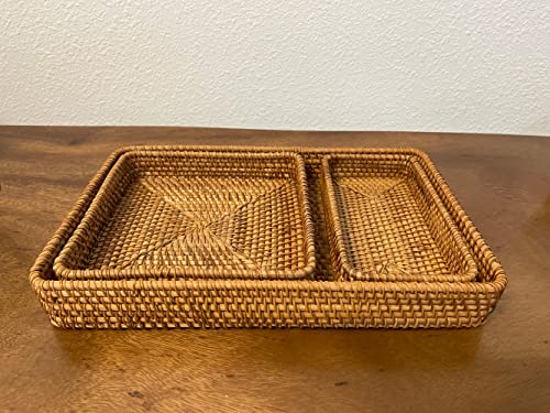 Rattan Tray Set of 3 - Serving Tray Wicker Rattan Set - Tabletop Cake, Fruit Platter, Coffee Table Tray - VILLAGE WONDERS