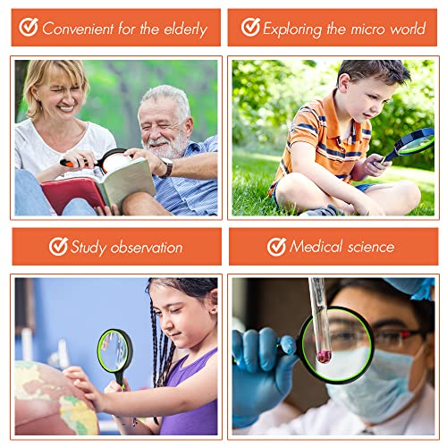 Leffis 2 Pack 10X Magnifying Glass for Seniors & Kids, Non-Slip Handheld Magnifier for Reading, 75mm Magnify Glasses Lens for Close Work, Science and Hobby Observation（Green and Orange