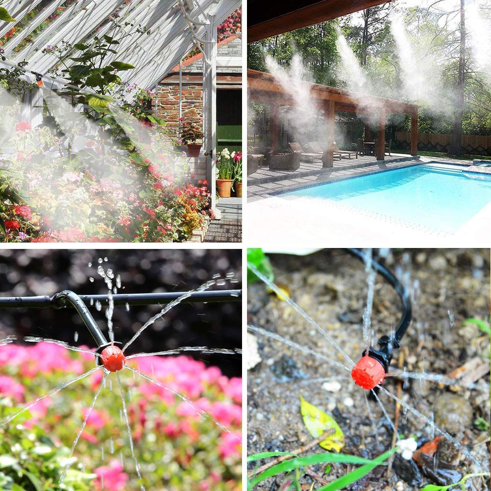 MSDADA Garden 50Ft Automatic Drip Irrigation Kits, 1/4" Blank Distribution Plant Watering Irrigation Kit Accessories Include Adjustable Nozzles, Cooling Irrigation System for Garden (Red)