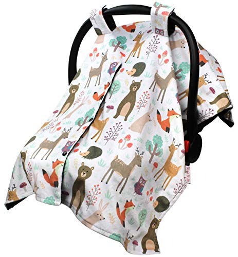 Baby Car Seat Canopy Cover - Forest Animals Bear Deer Fox Owl Rabbit with Dark Brown Minky Dot
