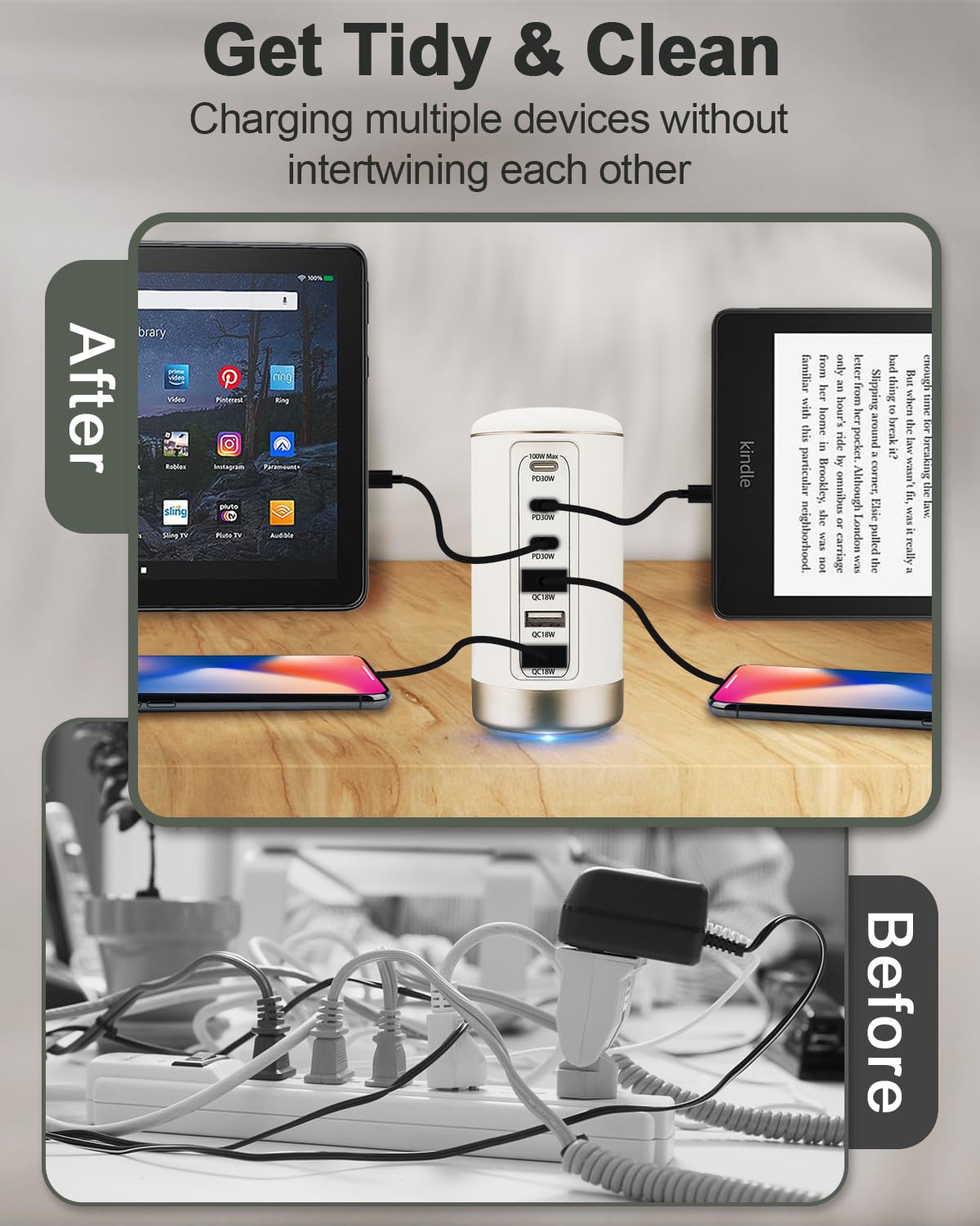100W USB C Charger for Multiple Devices,6-Port 30W USB-C & 18W USB Ports- Compact, Space-Saving Design Fast Charging Tower for iPhone, Galaxy,Pixel, iPad, Watches,Home Office Use