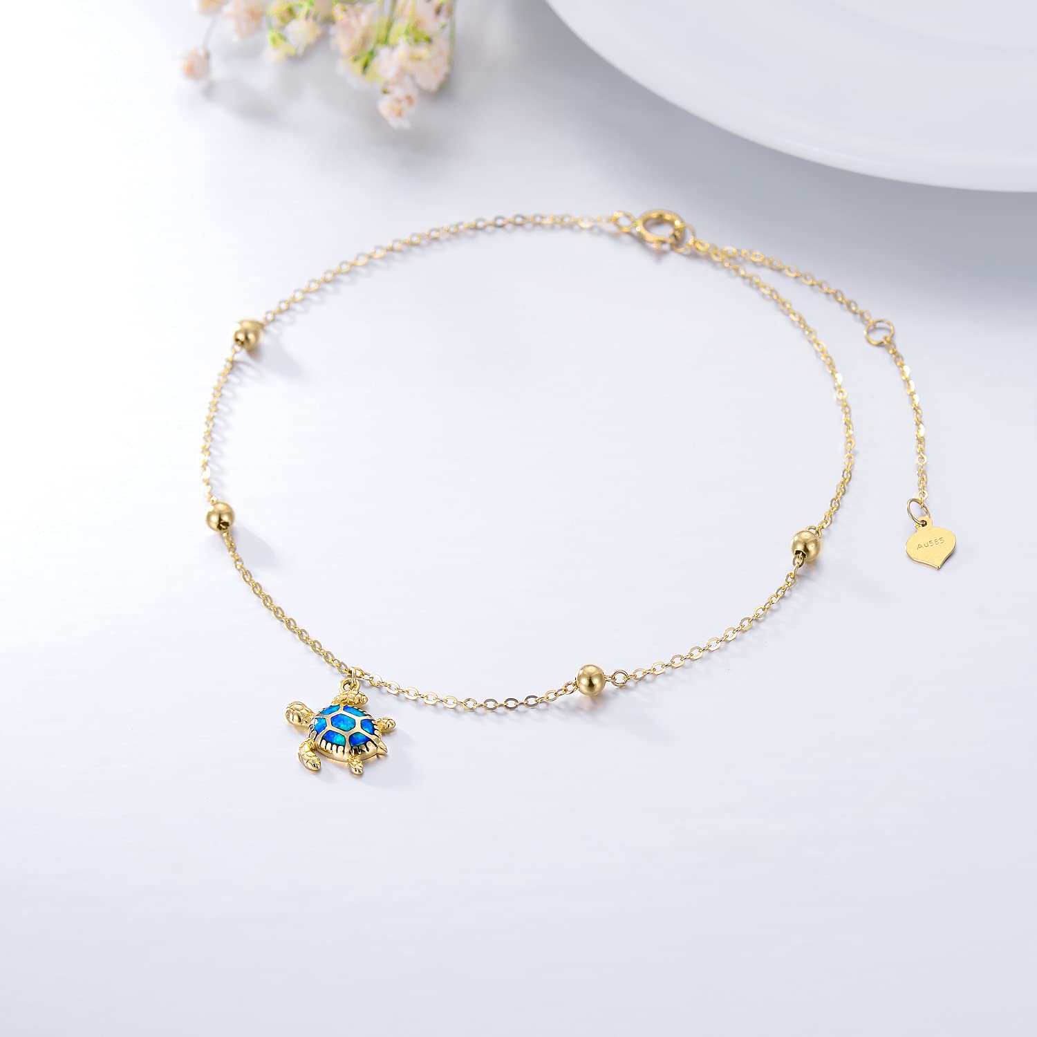 14K Gold Sea Turtle Bracelets for Women Blue Opal Bracelets Beach Real Gold Bracelet, 6.5''-8.5'' Bead Chain