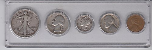 1939 Birth Year Coin Set (5) Coins - Half Dollar, Quarter, Dime, Nickel, and Cent - All Dated 1939 and Encased in a Plastic Display Case -Vintage- Great Gift For Any Occassion Very Good