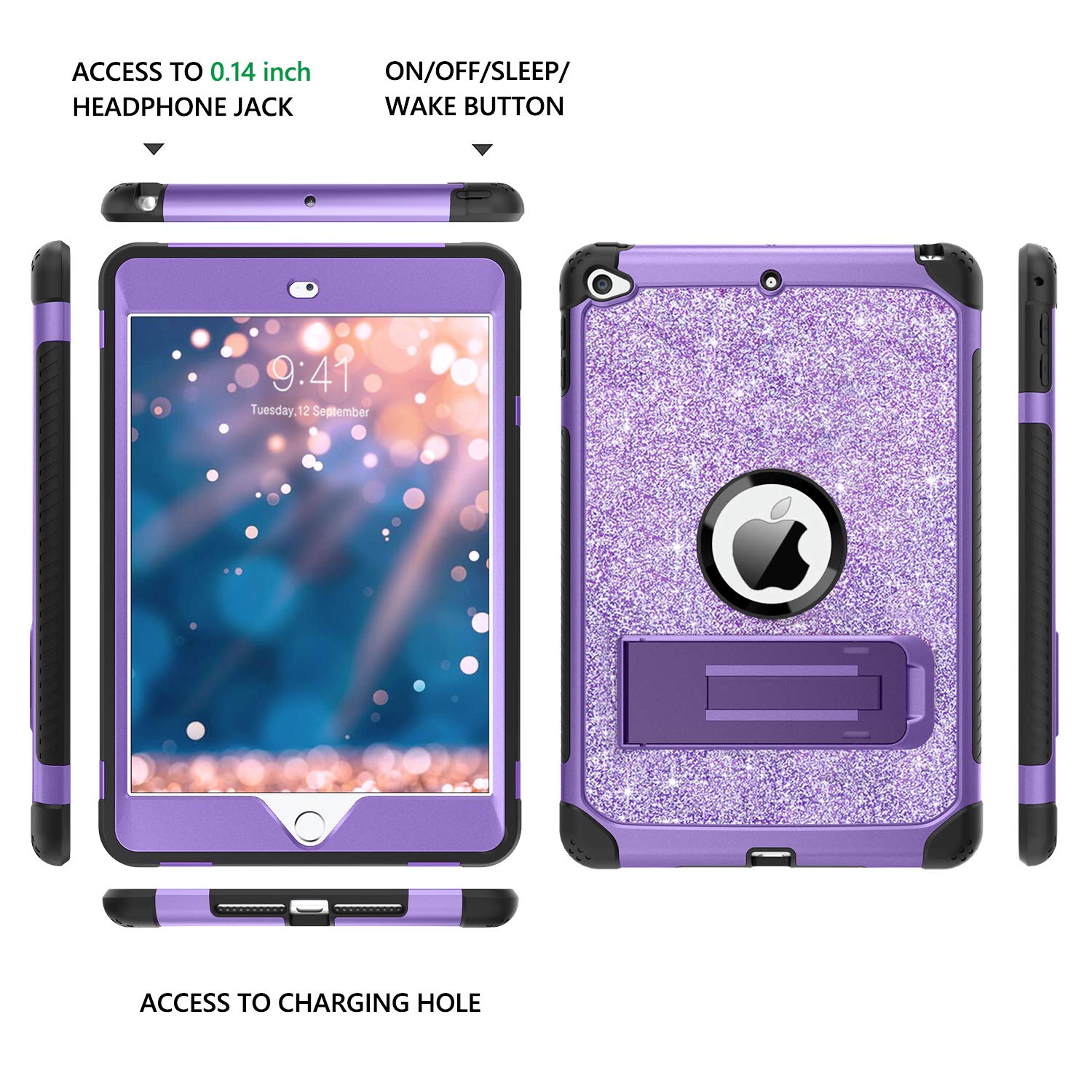 BENTOBEN iPad Mini 5 Case, iPad Mini 4 Case, Glitter Sparkly 3 Layers Heavy Duty Rugged Shockproof Kickstand Sturdy Leather Protective Tablet Cover for Apple iPad Mini 5 / iPad Mini 4, Purple