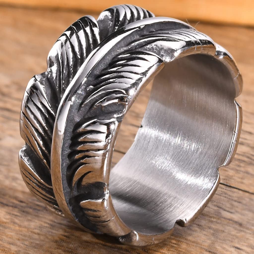 11mm Stainless Steel Retro Vintage Leaf Feather Style Wedding Band Statement Cocktail Parrty Statement Ring (Silver, 8)