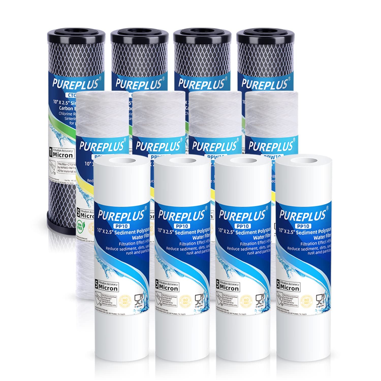 10" x 2.5" 5 Micron Whole House Sediment & String Wound & 1 Micron CTO Carbon Water Filter Cartridge Replacement for Any 10 inch RO Unit, Countertop Water Filter System, for City & Well Water, 4Combo