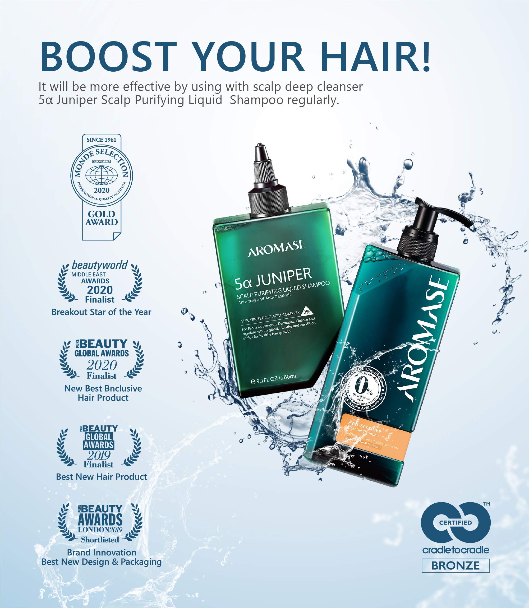 Aromase Dry and Dry Dandruff Solution Kit (5α Juniper Scalp Purifying Liquid Shampoo 2.8 Fl Oz + Dry and Sensitive Solution Shampoo 14 Fl. Oz) for Very Dry Scalp, Dry Dandruff