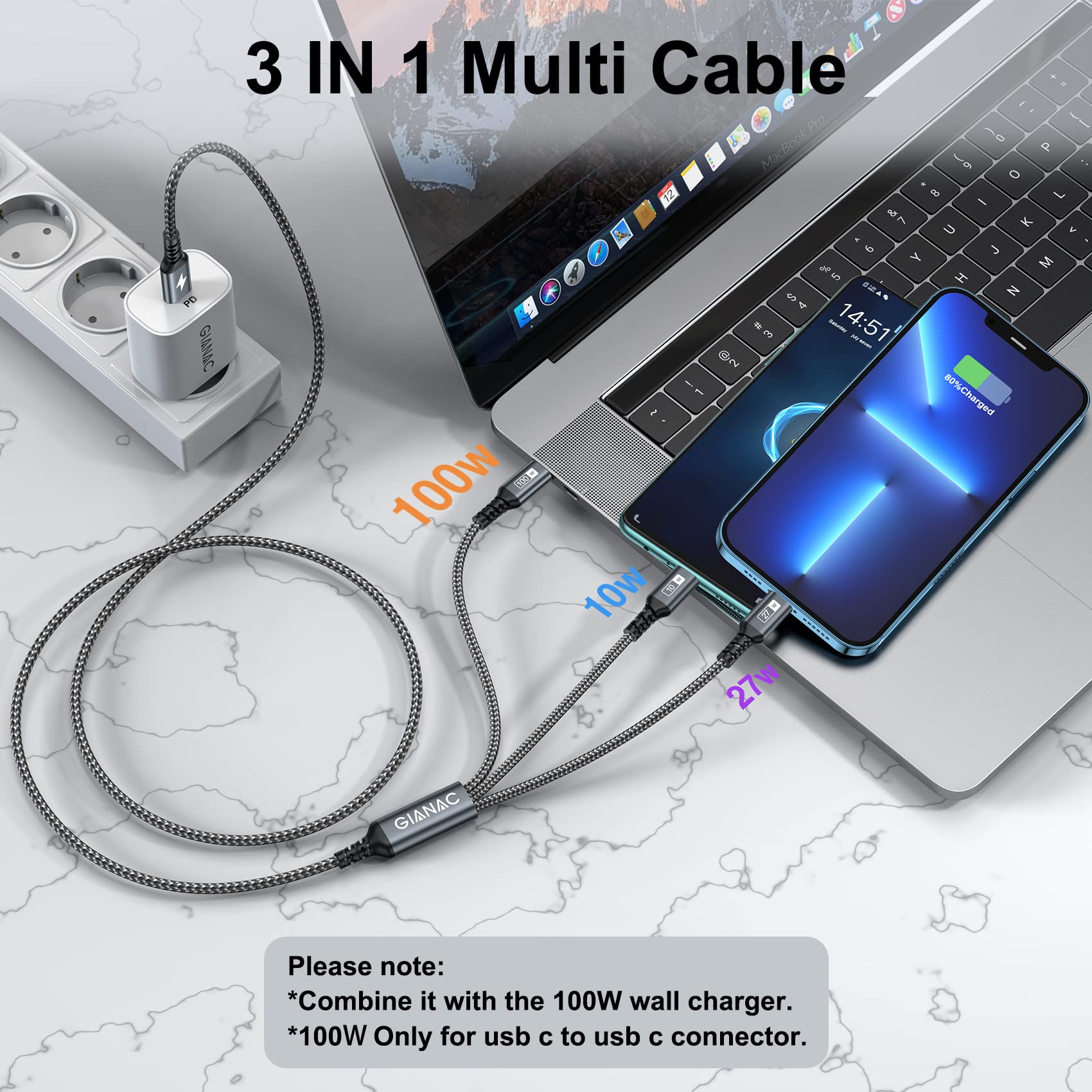100W USB C to Multi Charging Cable [1.2M] 3 in 1 Charging Cable with E-Mark Chip, Multi Charger Cable USB C [100W]+Lightning[27W]+Micro[10W] for Samsung S23,iPad Pro, iPad Mini, MacBook Pro/Air/iPhone