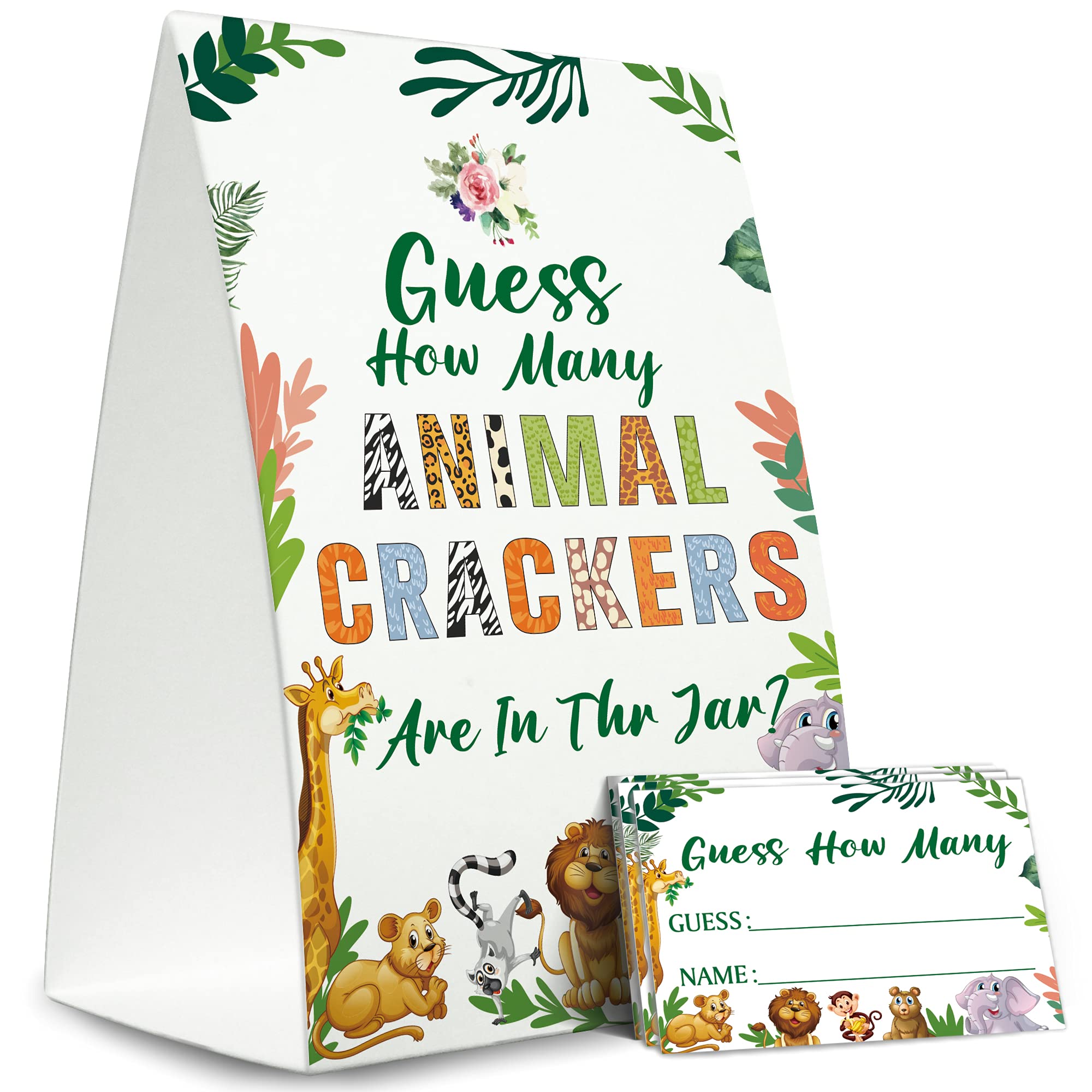 Woodland Animals Baby Shower Guess How Many Animal Crackers Game Sign,Woodland Baby Shower Kit (1 Standing Sign + 50 Guessing Cards) GreeneryďźJungle Baby Shower Sign-H01