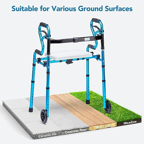 4 in 1 Folding Walker with Detachable Seat by Health Line Massage Products, Width Adjustable Folding Walkers with 5β Wheels and Extra 2 Skis, Compact Adults Walker for Seniors Support Up to 350lbs