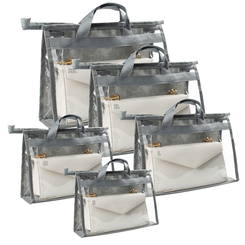 5 Sizes Clear Handbag Storage Organizer with Cozy Handle and Smooth Zipper, KMOTASUO Anti-dust Handbag Dust Cover Bag, Space-Saving Purse Storage Bag Organizer for Closet (Grey)