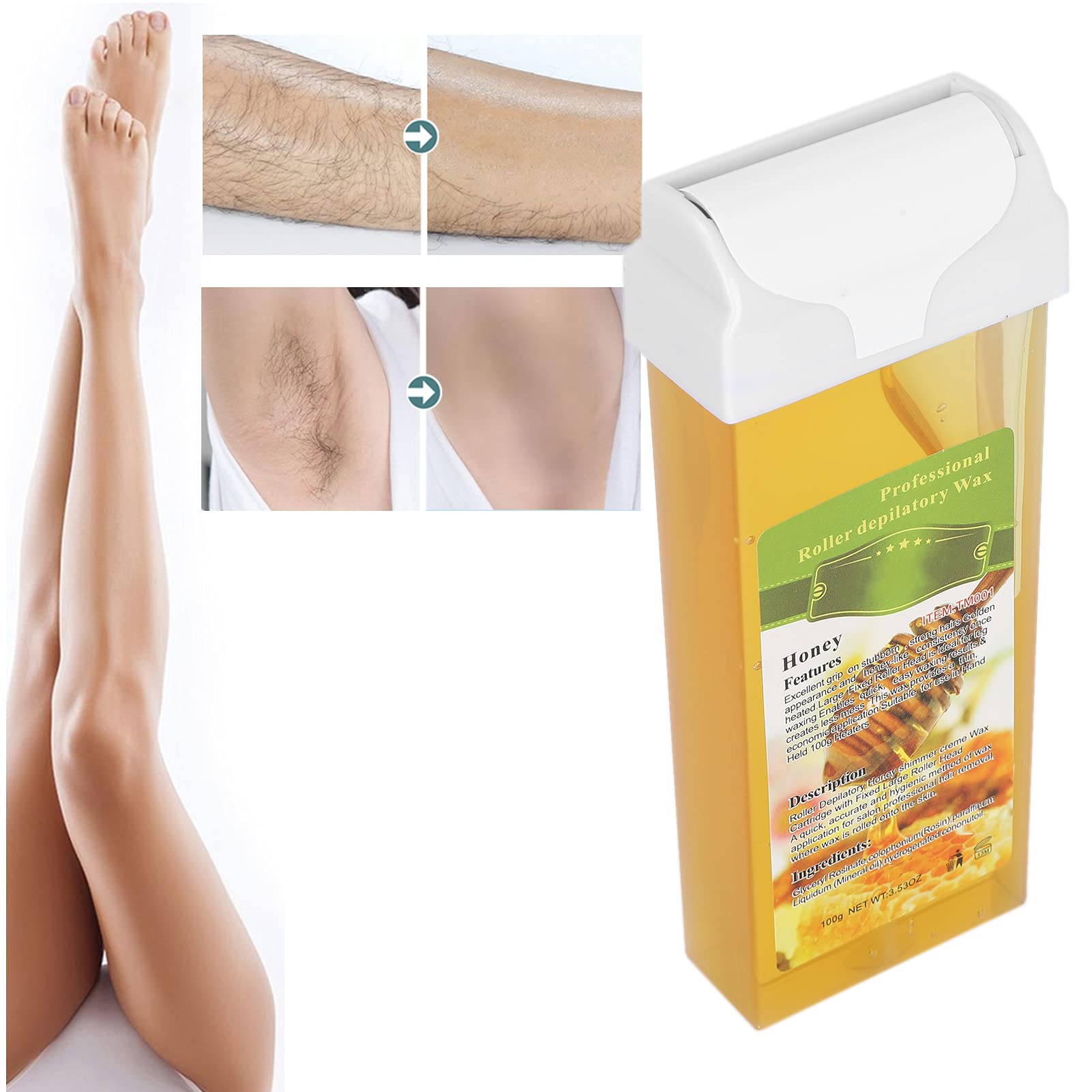 Roll-on Wax Cartridge Hair Removal Wax Roller Depilatory Wax for Professional Salons and Home Self Waxing 100g (Honey)