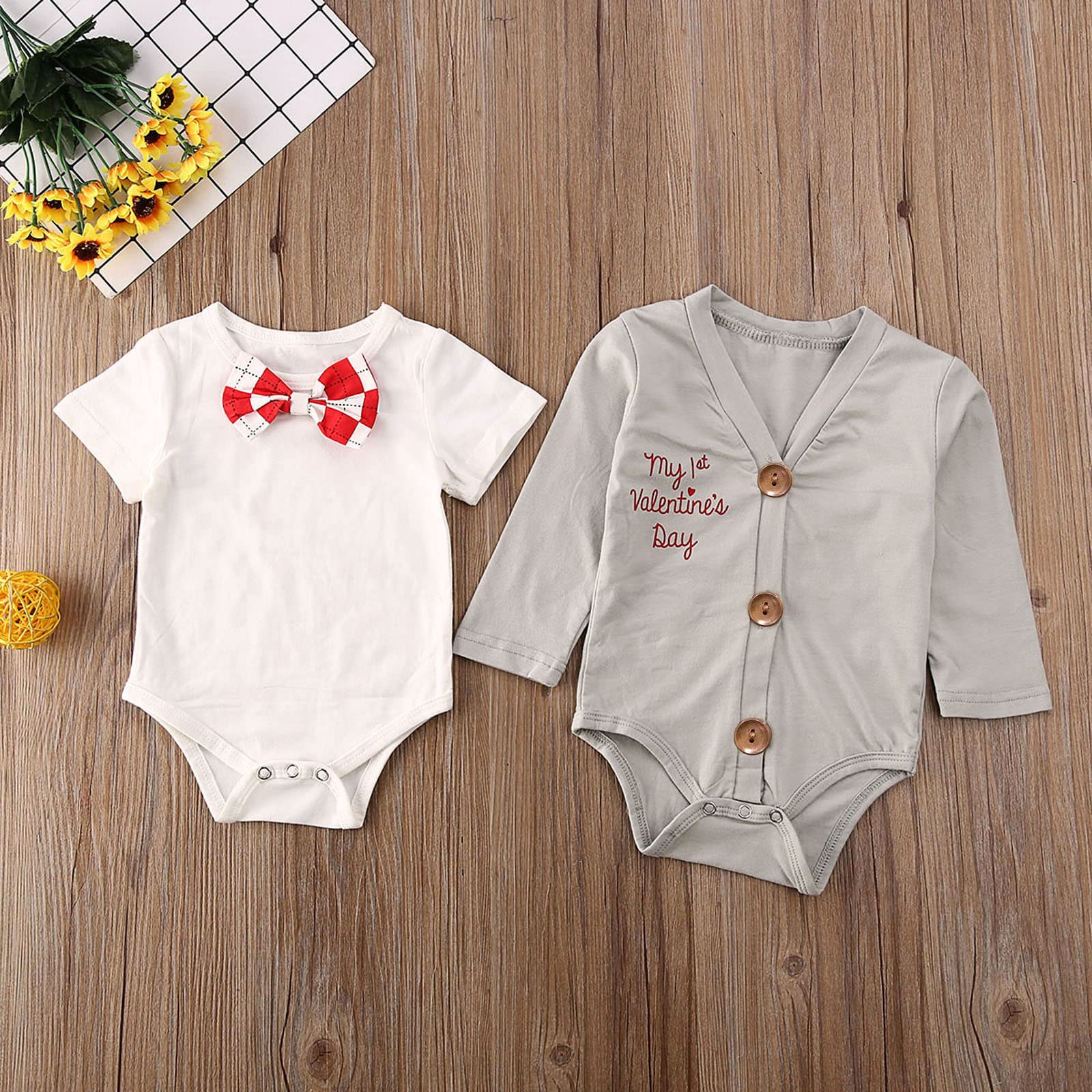 Bowanadacles Newborn infant baby boy clothes my 1st valentine day 3Pcs outfit long sleeve romper onesie heart pants (White+Gray+Red, 6-12 months)