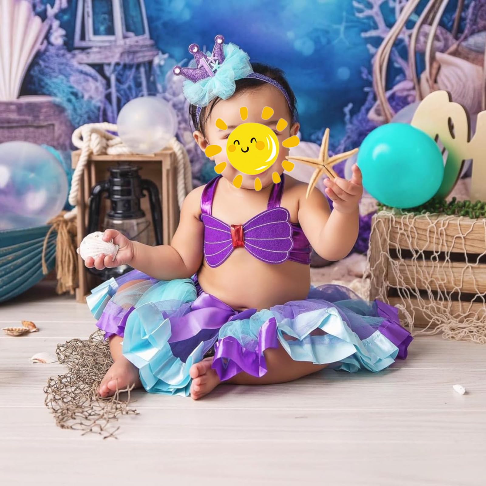 First 1st Birthday Girl Outfit Baby Mermaid Party Tutu Skirt with One Crown Headband