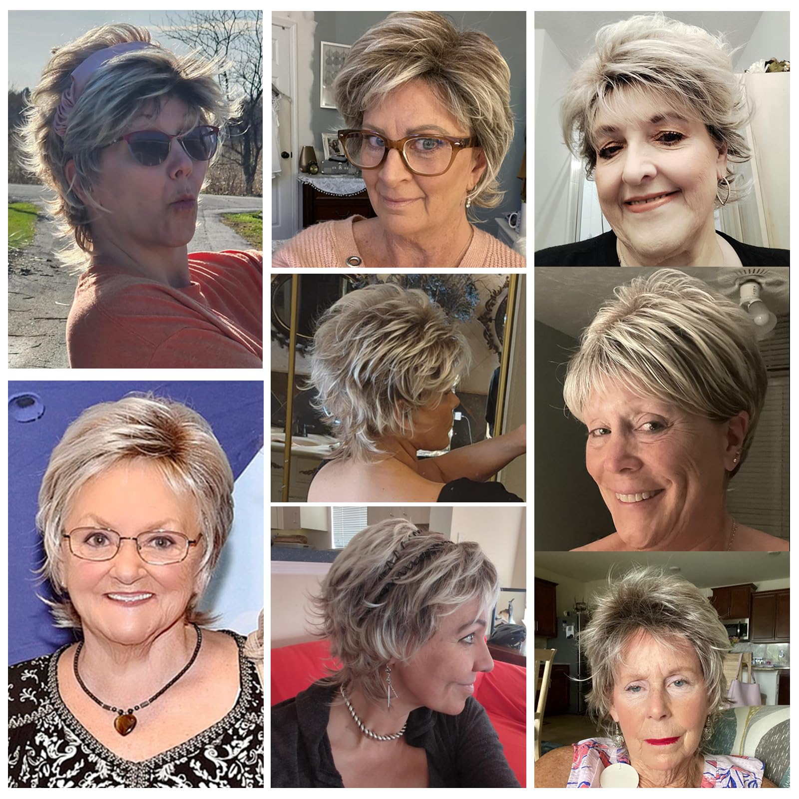 TISHINING Layered Short Blonde Pixie Wigs for White Women Dark Brown Ombre Blonde Pixie Cut Wig with Bangs Synthetic Natural Looking Daily Party Wig