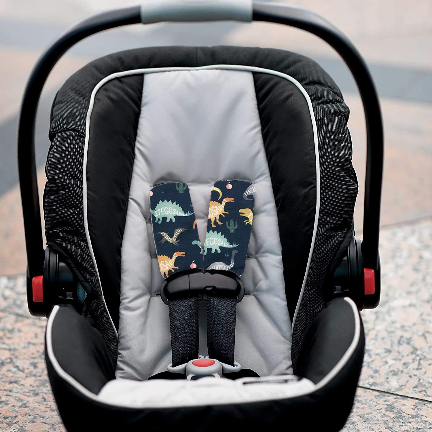 Baby Car Seat Neck Cover, Car Seat Strap Cover, Seat Belt Cushions Pads, Shoulder Strap Protectors, Reversible Pram Harness Covers in Minky Dinosaur, Baby Neck Pad Protector